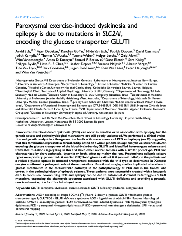 (PDF) Paroxysmal exercise-induced dyskinesia and epilepsy is due to mutations in SLC2A1 ...