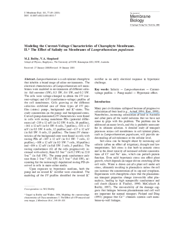 (PDF) Modeling the Current-Voltage Characteristics of Charophyte ...