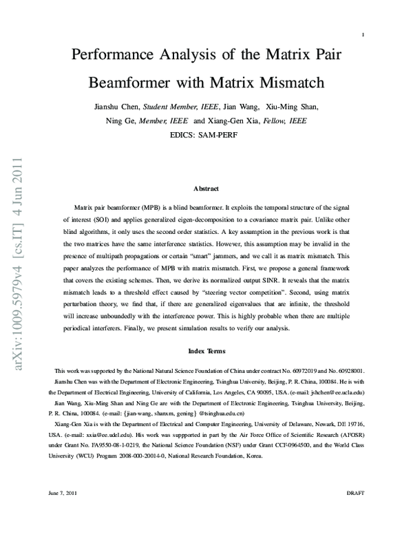 Pdf Performance Analysis Of The Matrix Pair Beamformer With Matrix Mismatch