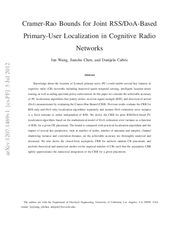 (PDF) Cramer-Rao Bounds for Joint RSS/DoA-Based Primary-User ...