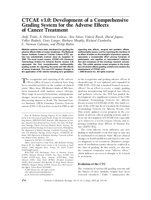 (PDF) CTCAE v3.0: development of a comprehensive grading system for the ...