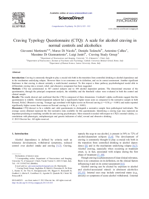 (PDF) Craving Typology Questionnaire (CTQ): A scale for alcohol craving ...