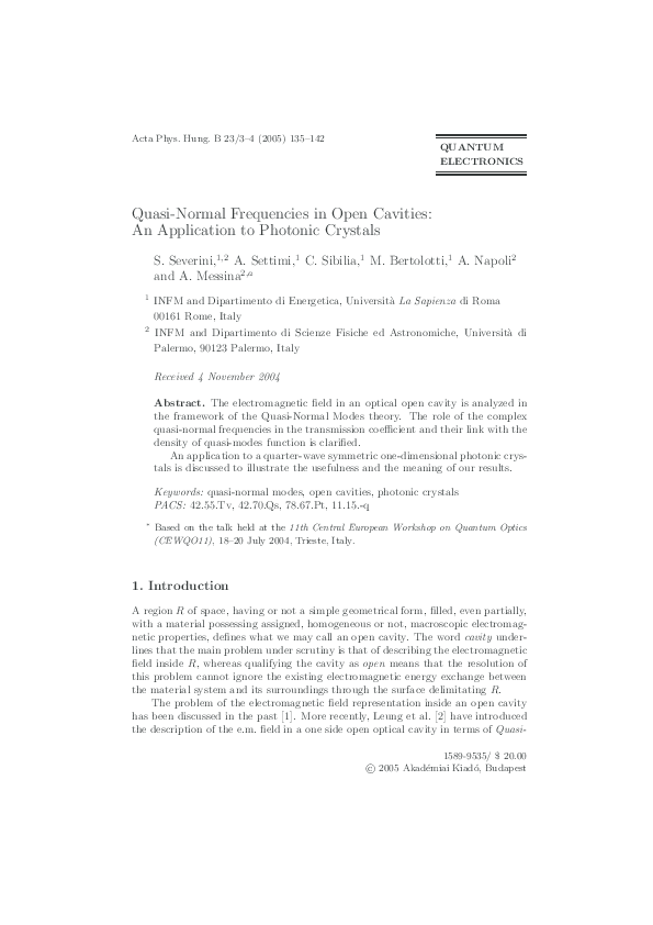 (PDF) Quasi-Normal Frequencies in Optical Cavities and Photonic Crystals