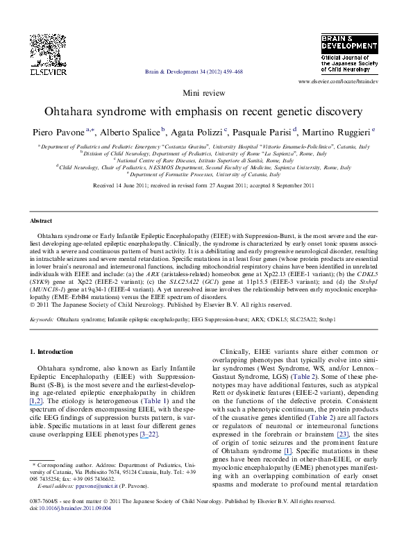 (PDF) Ohtahara syndrome with emphasis on recent genetic discovery
