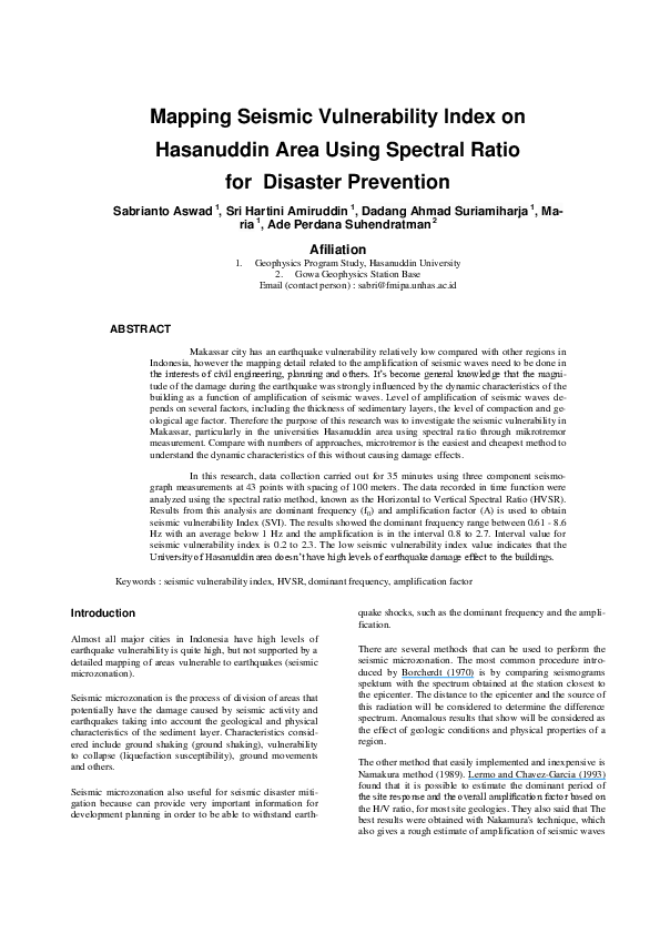 Pdf Mapping Seismic Vulnerability Index On Hasanuddin Area Using Spectral Ratio For Disaster
