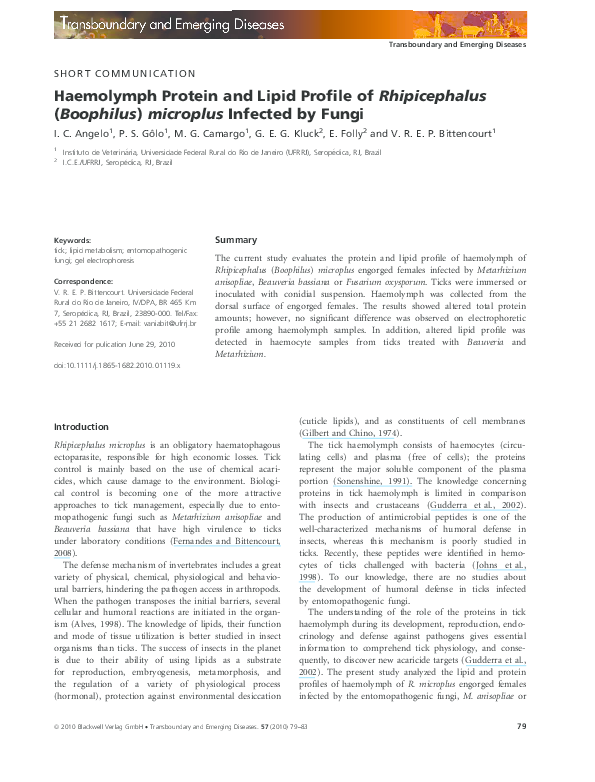 (PDF) Haemolymph Protein and Lipid Profile of Rhipicephalus (Boophilus) microplus Infected by Fungi