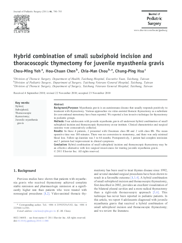 (PDF) Thoracoscopic thymectomy for myasthenia gravis: a case report | 伯昇 洪 - Academia.edu