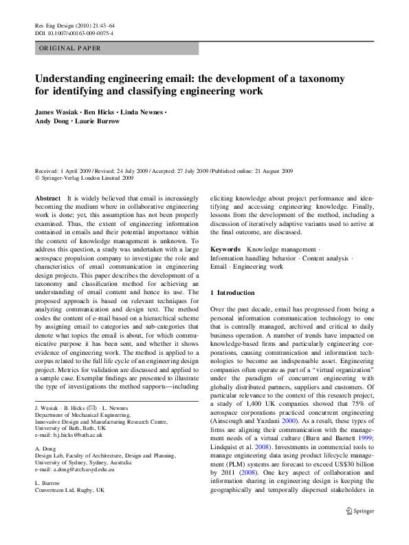 (PDF) Understanding engineering email: the development of a taxonomy ...