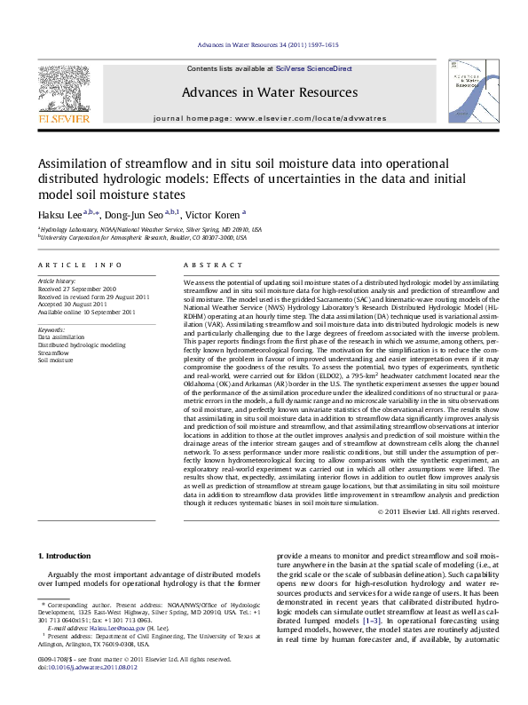 (PDF) Assimilation of streamflow and in situ soil moisture data into operational distributed ...