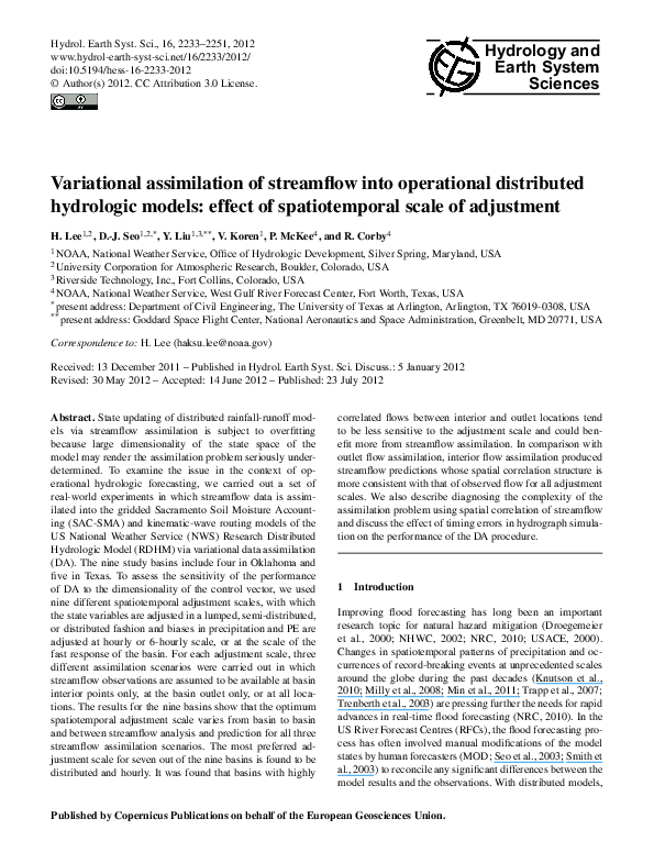 Pdf Variational Assimilation Of Streamflow Into Operational Distributed Hydrologic Models