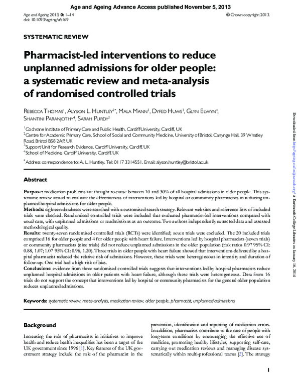 (PDF) Pharmacist-led interventions to reduce unplanned admissions for older people: a systematic ...