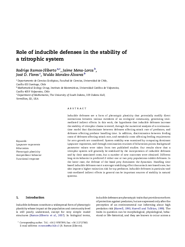 (PDF) Role of inducible defenses in the stability of a tritrophic system