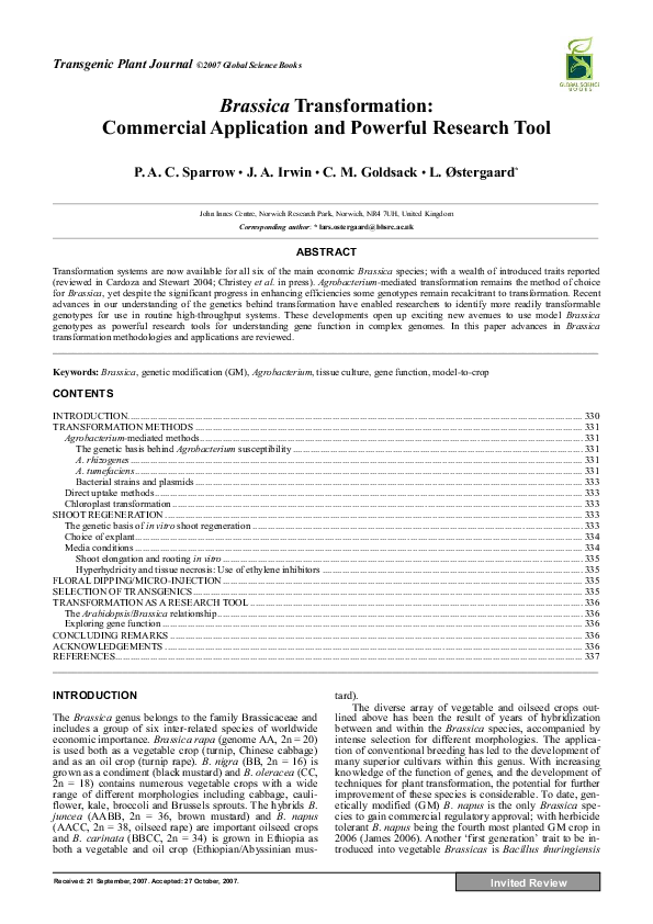 Brassica Transformation: Commercial Application and Powerful Research Tool
