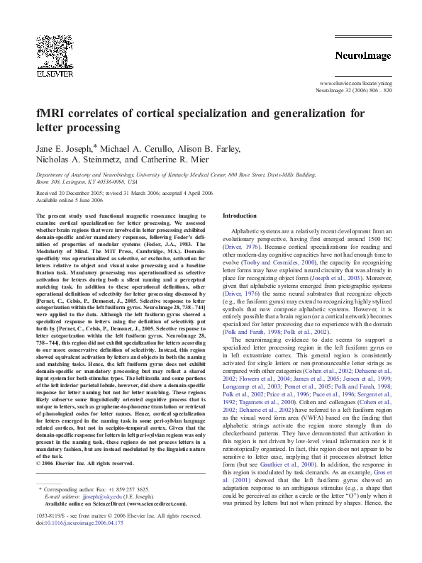 (PDF) fMRI correlates of cortical specialization and generalization for ...