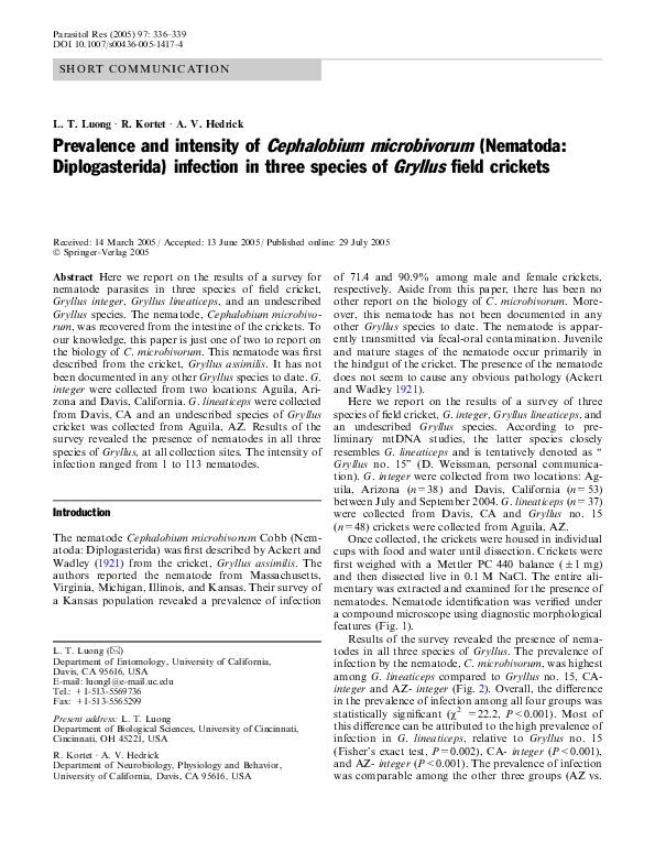 (PDF) Prevalence and intensity of Cephalobium microbivorum (Nematoda ...
