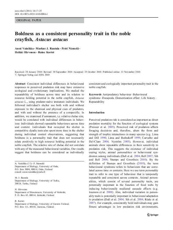 (PDF) Boldness as a consistent personality trait in the noble crayfish ...