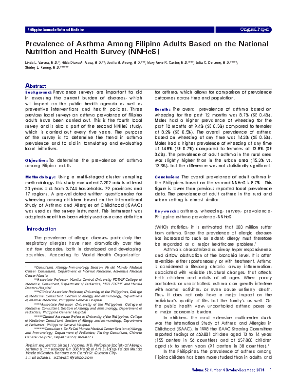 (PDF) Prevalence of Asthma Among Filipino Adults Based on the National ...