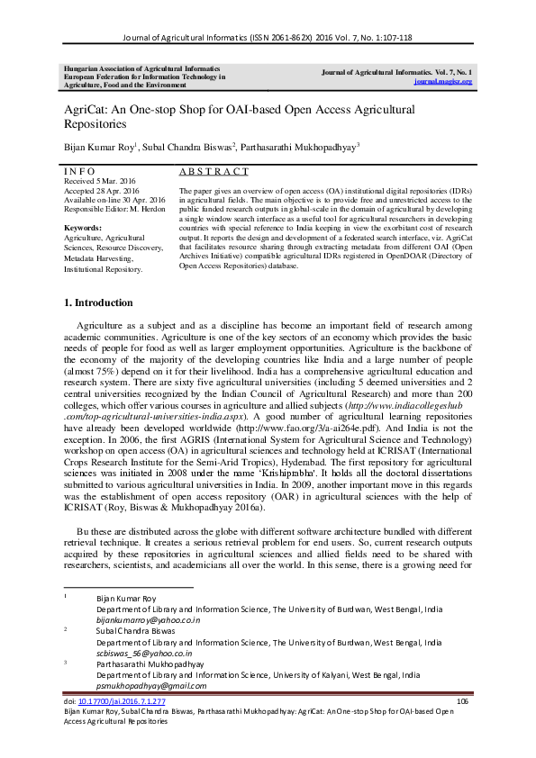 (PDF) AgriCat: An One-stop Shop for OAI-based Open Access Agricultural ...