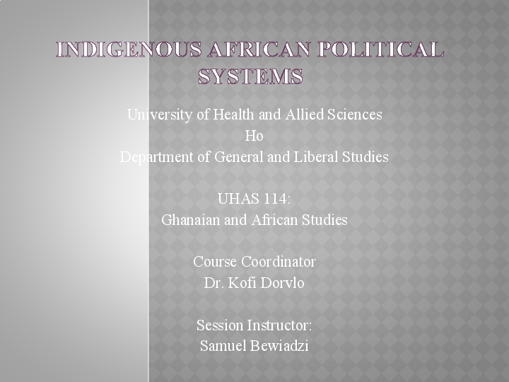 (PDF) INDIGENOUS AFRICAN POLITICAL SYSTEMS