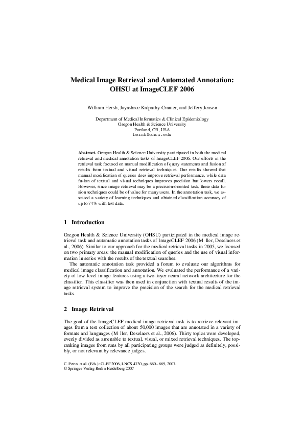 (PDF) Medical Image Retrieval and Automated Annotation: OHSU at ...