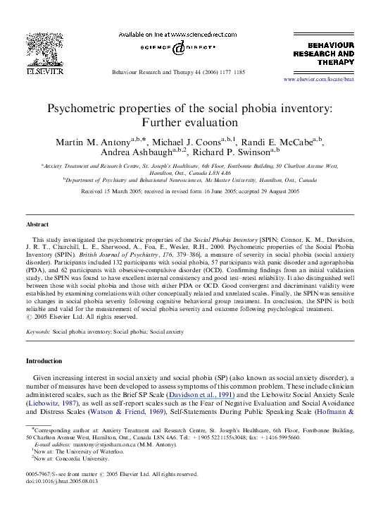 (PDF) Psychometric properties of the social phobia inventory: Further ...