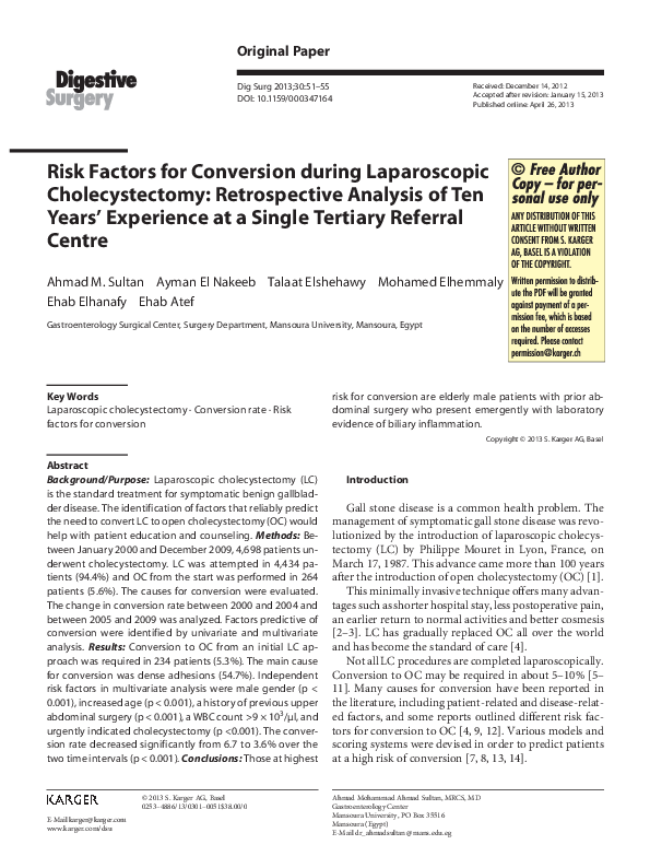 (PDF) Risk Factors for Conversion during Laparoscopic Cholecystectomy: Retrospective Analysis of ...