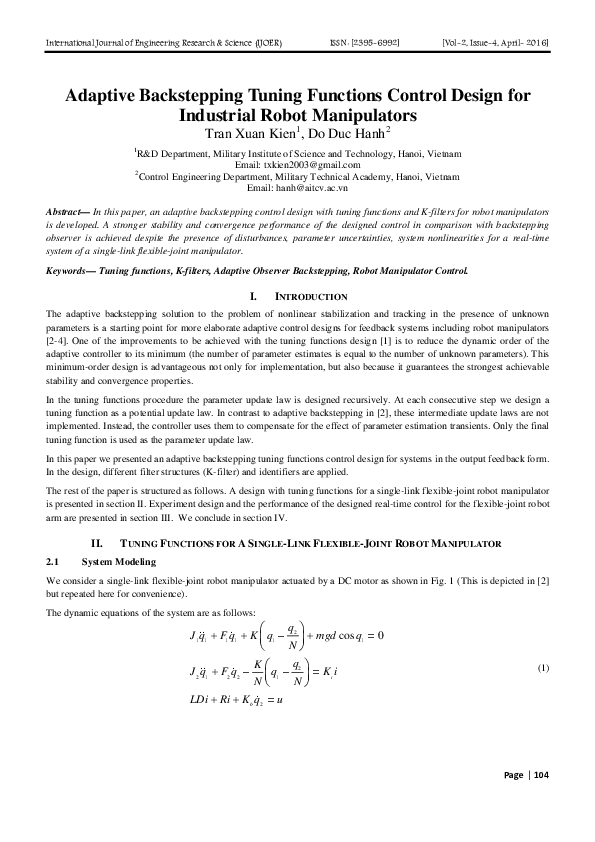 (PDF) Adaptive Backstepping Tuning Functions Control Design for Industrial Robot Manipulators