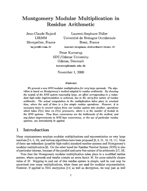 (PDF) Montgomery modular multiplication in residue arithmetic