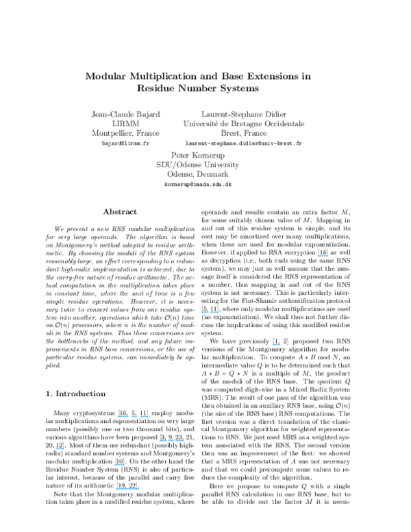 Modular Multiplication And Base Extensions In Residue Number Systems