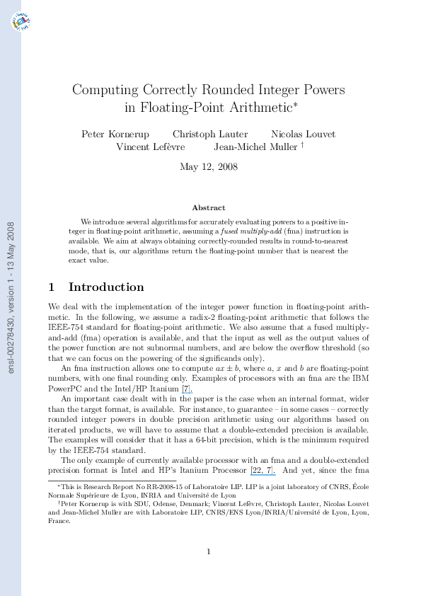 (PDF) Computing correctly rounded integer powers in floating-point ... (PDF) Computing correctly rounded integer powers in floating-point ...