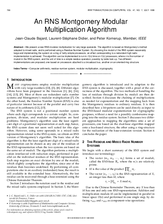 Pdf Rns Montgomery Algorithm For Large Multiplication