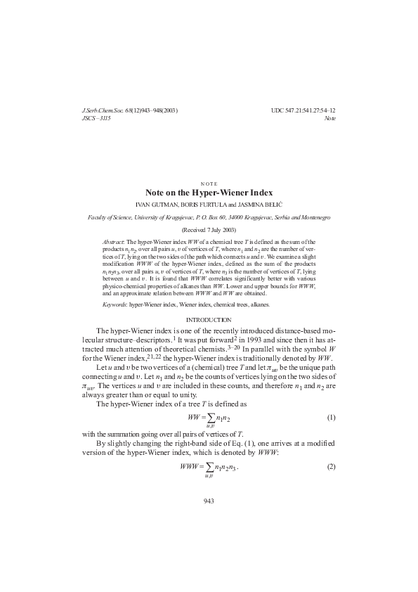 (PDF) Note of the hyper-Wiener index