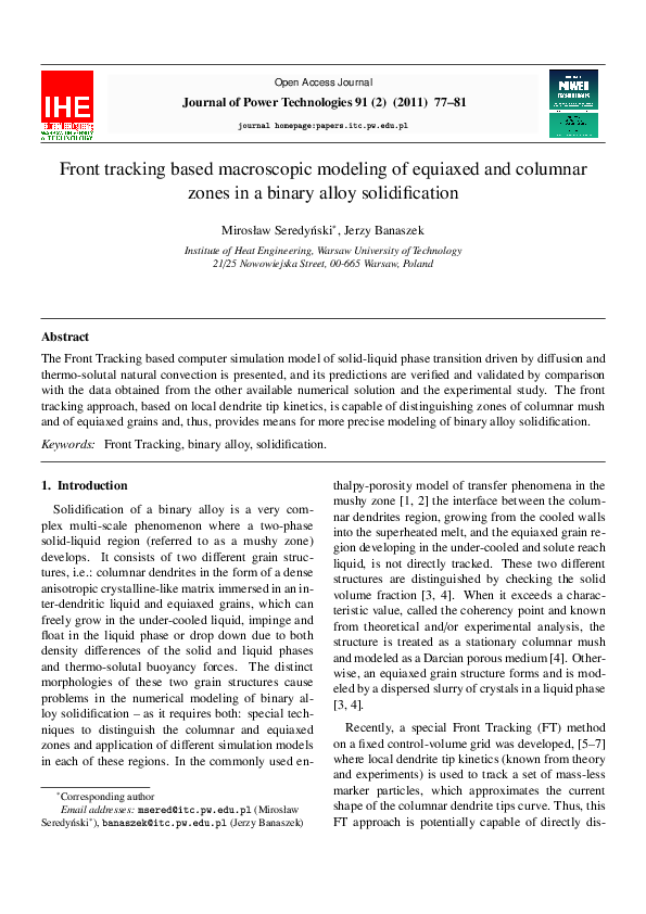 Pdf Front Tracking Based Macroscopic Modeling Of Equiaxed And Columnar Zones In A Binary Alloy