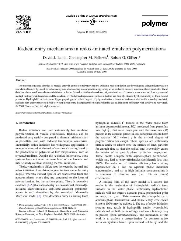 (PDF) Radical entry mechanisms in redox-initiated emulsion polymerizations