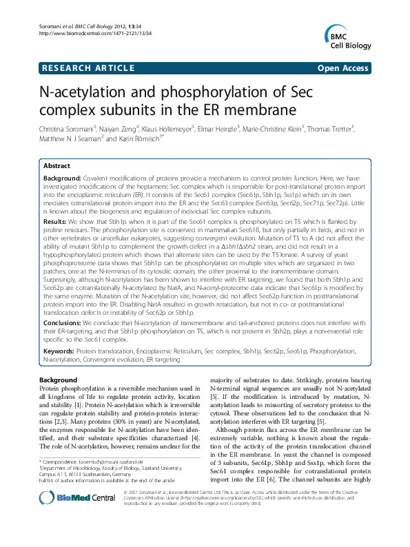 (PDF) N-acetylation and phosphorylation of Sec complex subunits in the ...