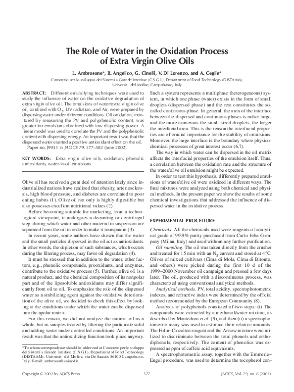 (PDF) The role of water in the oxidation process of extra virgin olive oils