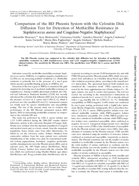 (PDF) Comparison of the BD Phoenix System with the Cefoxitin Disk ...