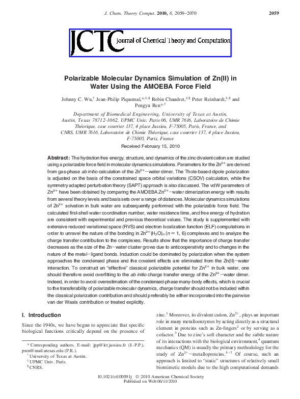 Pdf Polarizable Molecular Dynamics Simulation Of Zn Ii In Water Using The Amoeba Force Field