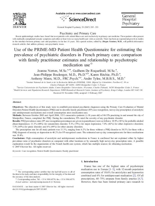 (PDF) Use of the PRIME-MD Patient Health Questionnaire for estimating ...