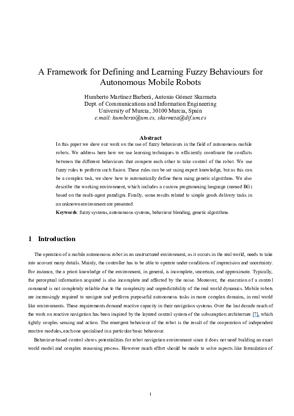 (PDF) A framework for defining and learning fuzzy behaviors for autonomous mobile robots
