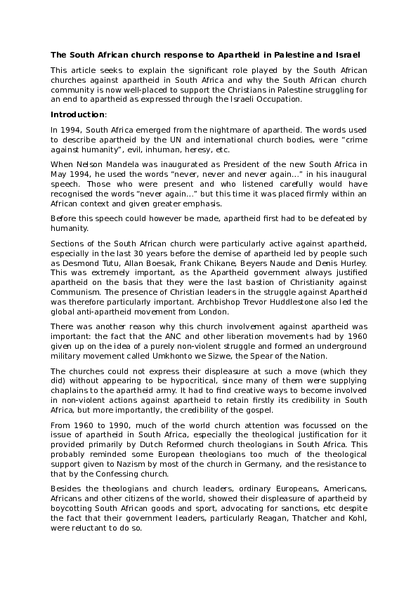 (DOC) South African church response to Apartheid in Palestine and Israel