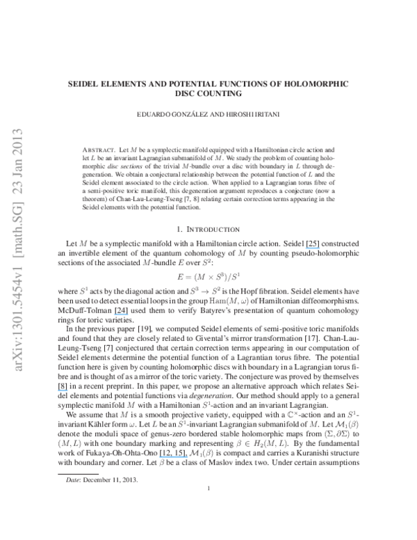 (PDF) Seidel elements and potential functions of holomorphic disc counting