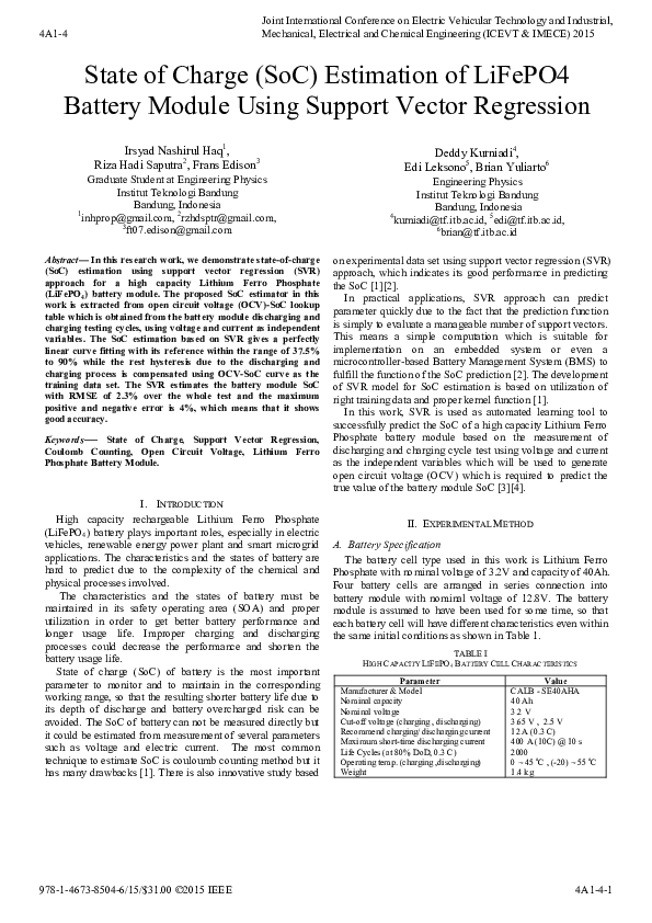 State Of Charge Soc Estimation Of Lifepo4 Battery Module Using Support Vector Regression