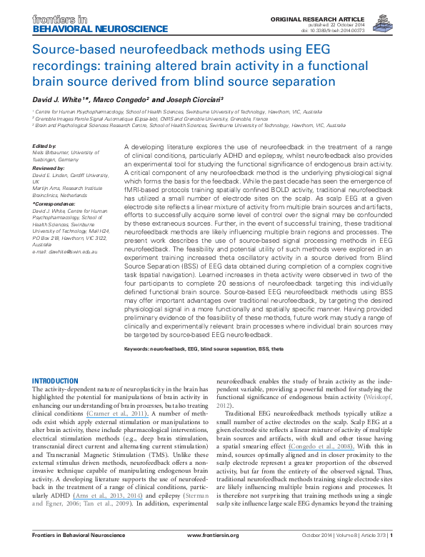 (PDF) Source-based neurofeedback methods using EEG recordings: training altered brain activity ...
