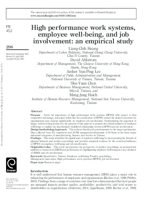 (PDF) High performance work systems, employee well-being, and job ...