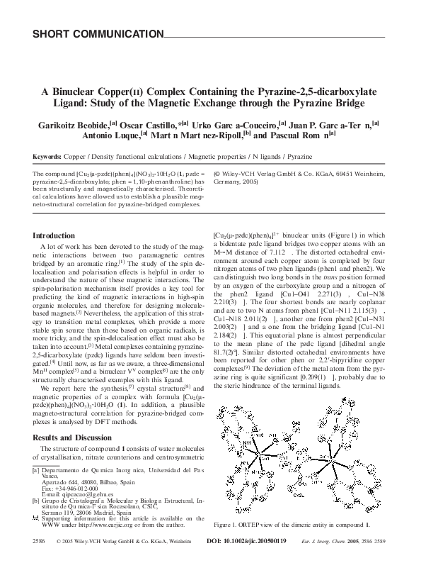 (PDF) A Binuclear Copper(II) Complex Containing the Pyrazine-2,5-dicarboxylate Ligand: Study of ...