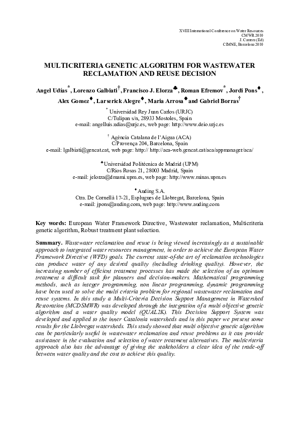 (PDF) Multicriteria Genetic Algorithm for Wastewater Reclamation and Reuse Decision