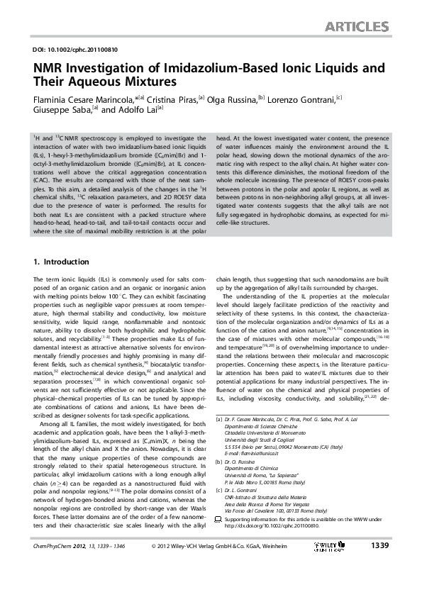 (PDF) NMR Investigation of Imidazolium-Based Ionic Liquids and Their Aqueous Mixtures
