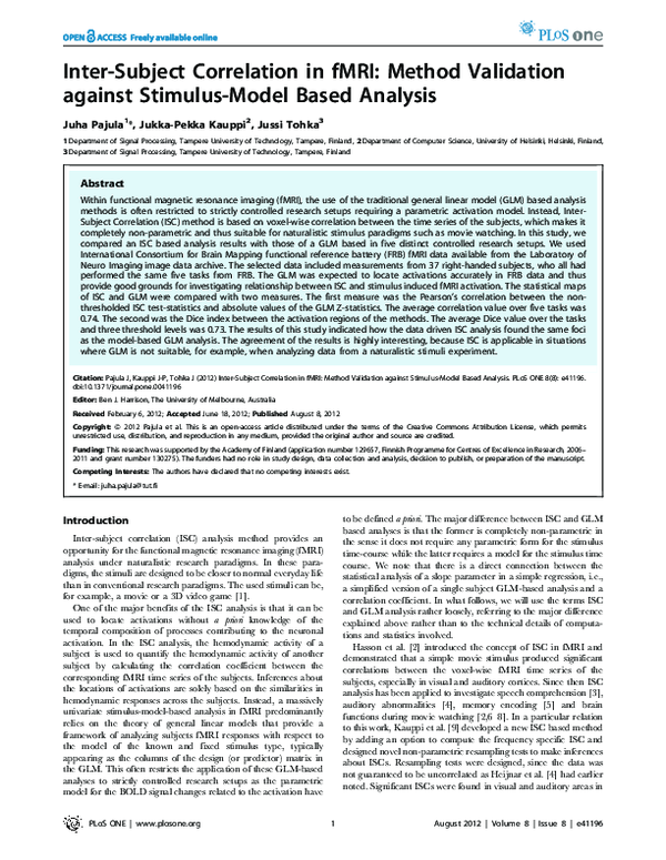 Pdf Inter Subject Correlation In Fmri Method Validation Against Stimulus Model Based Analysis