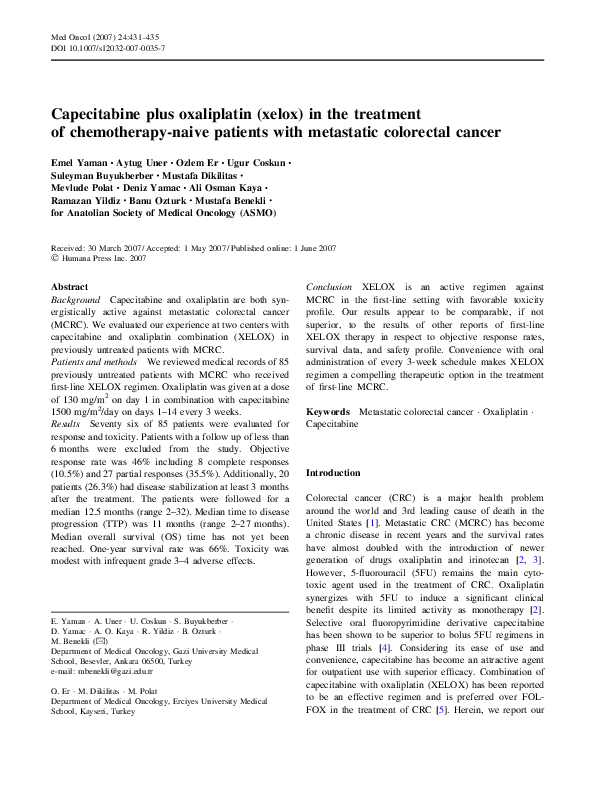 (PDF) Capecitabine plus oxaliplatin (xelox) in the treatment of chemotherapy-naive patients with ...